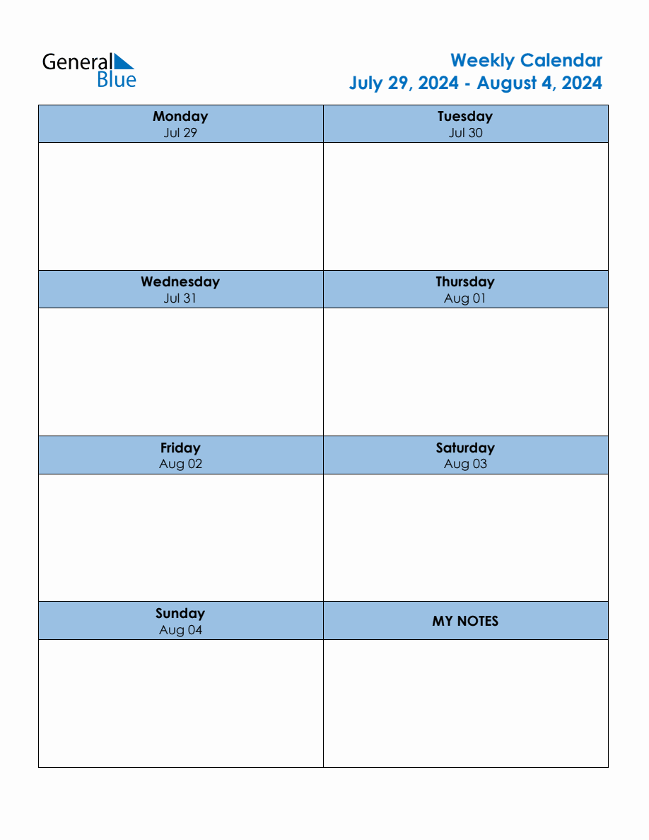 Editable Weekly Planner for the Week of July 29, 2024