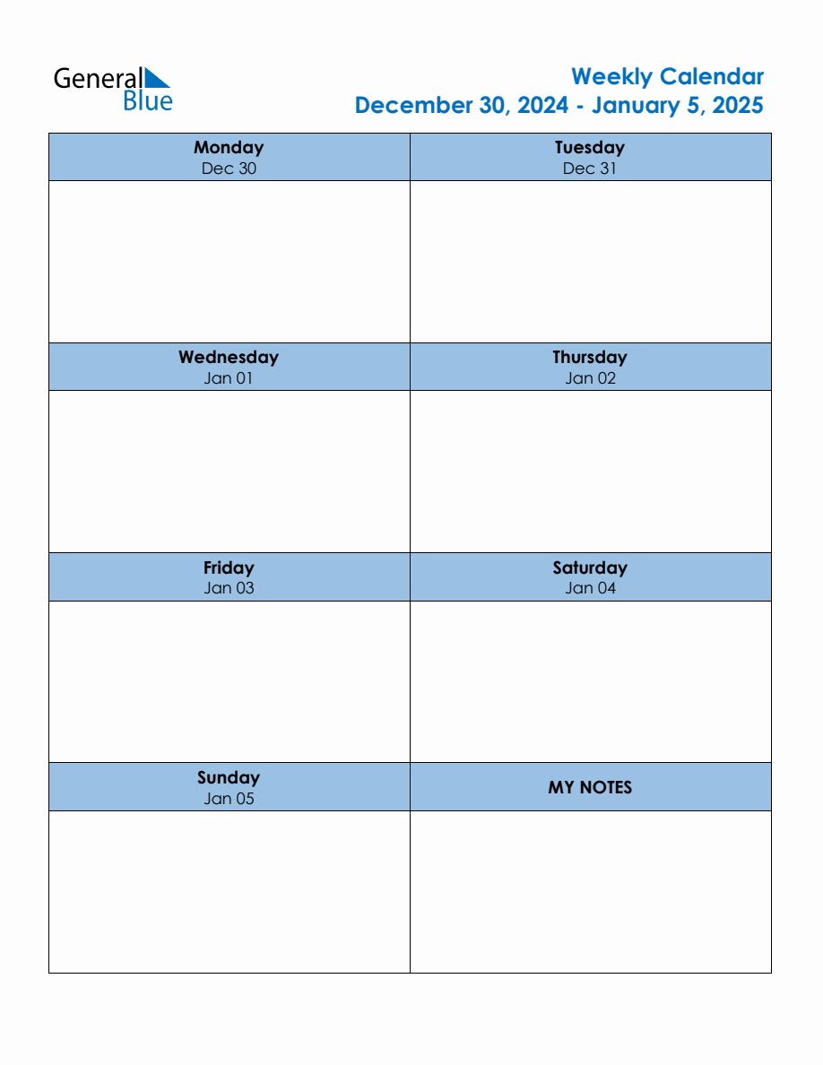 Editable Weekly Planner for the Week of December 30, 2024