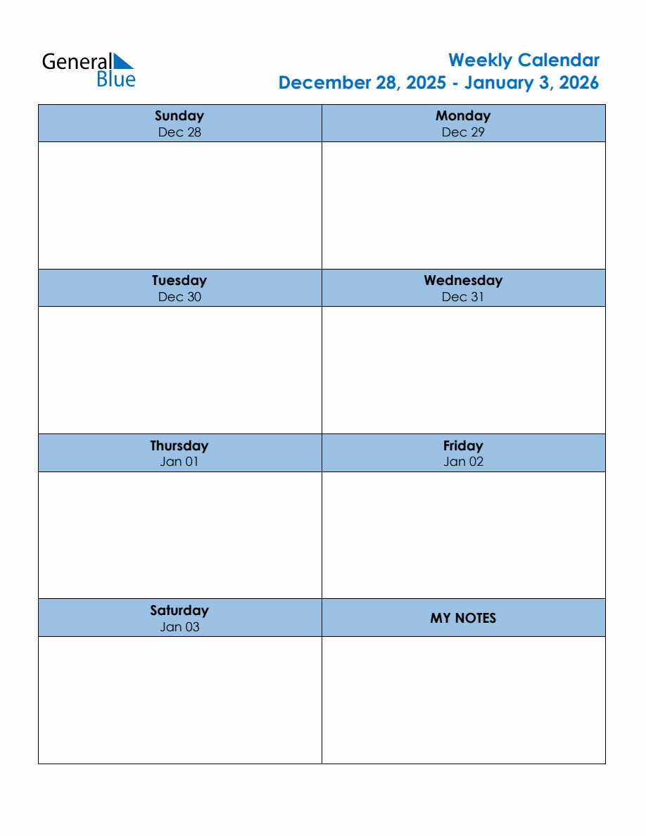 Editable Weekly Planner for the Week of December 28, 2025