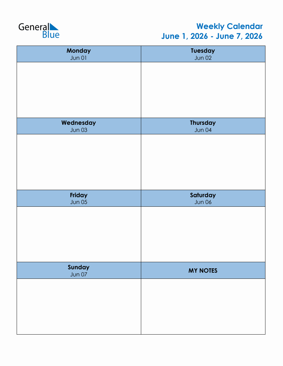 Editable Weekly Planner for the Week of June 1, 2026