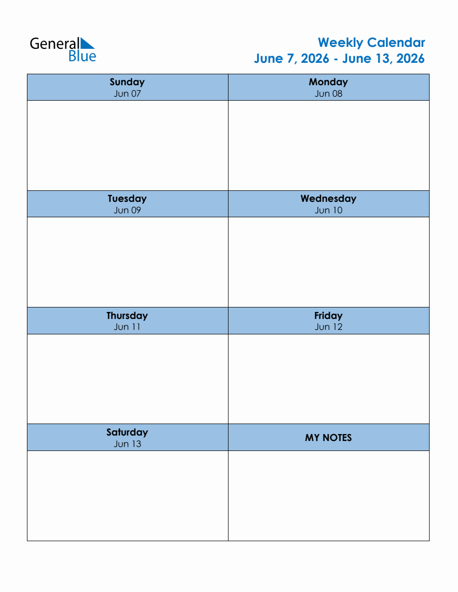 Editable Weekly Planner for the Week of June 7, 2026