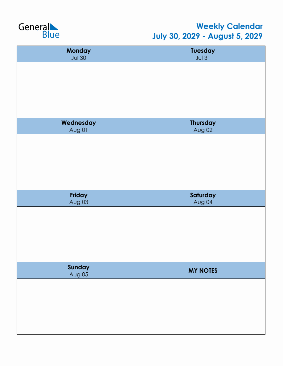 Editable Weekly Planner for the Week of July 30, 2029