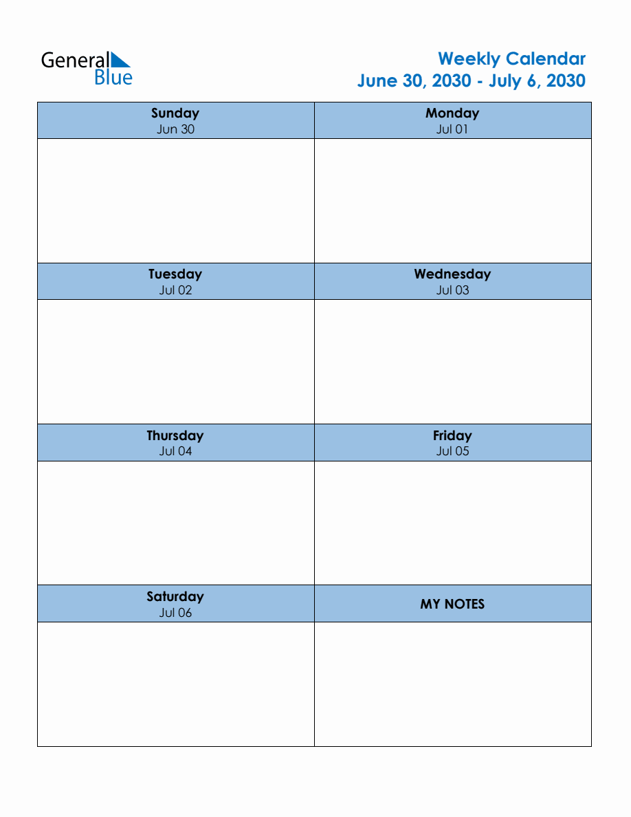 Editable Weekly Planner for the Week of June 30, 2030