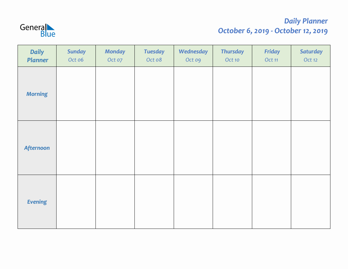 Weekly Daily Planner: October 6, 2019 - October 12, 2019