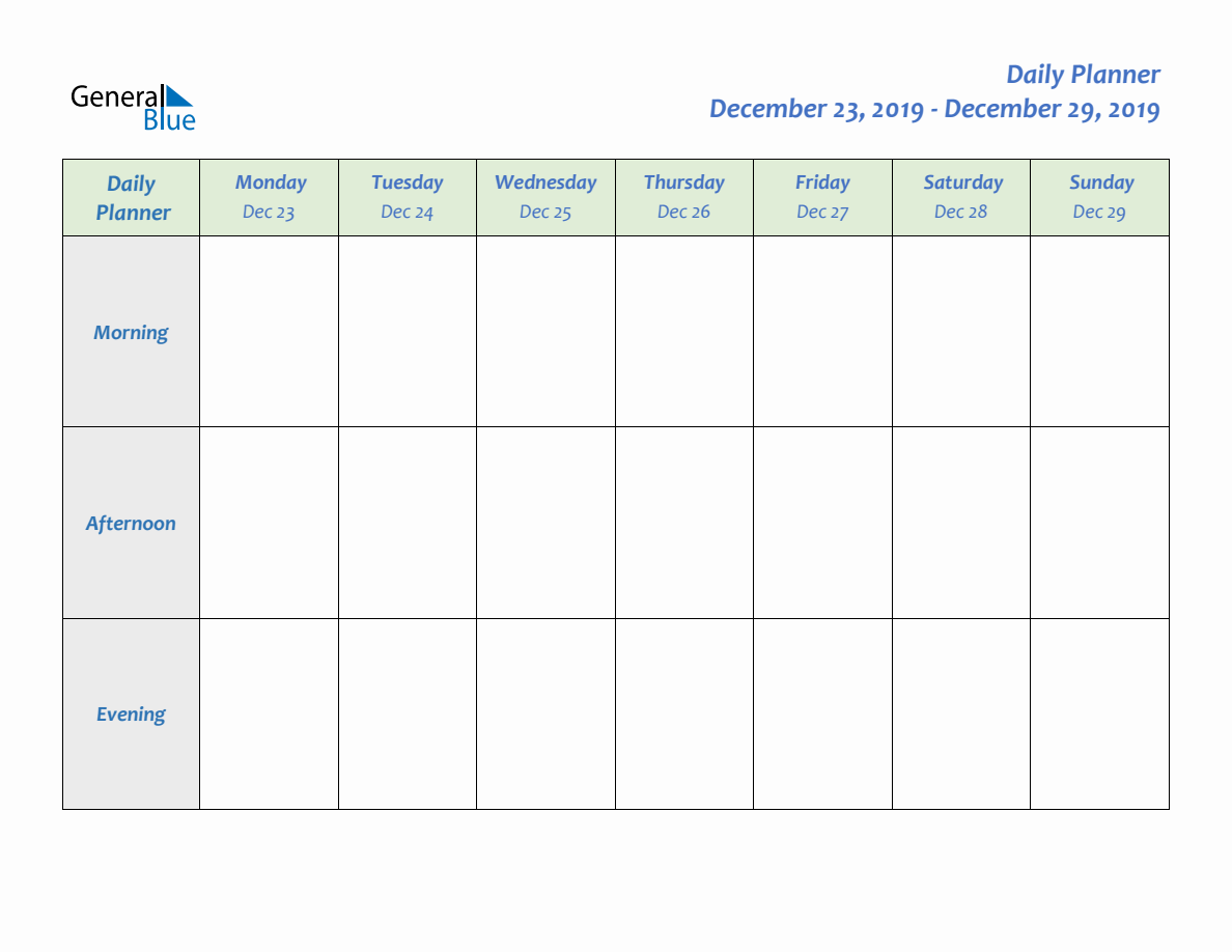 Weekly Daily Planner: December 23, 2019 - December 29, 2019