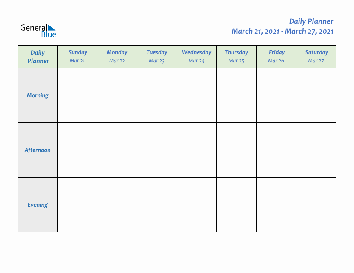 Weekly Daily Planner: March 21, 2021 - March 27, 2021