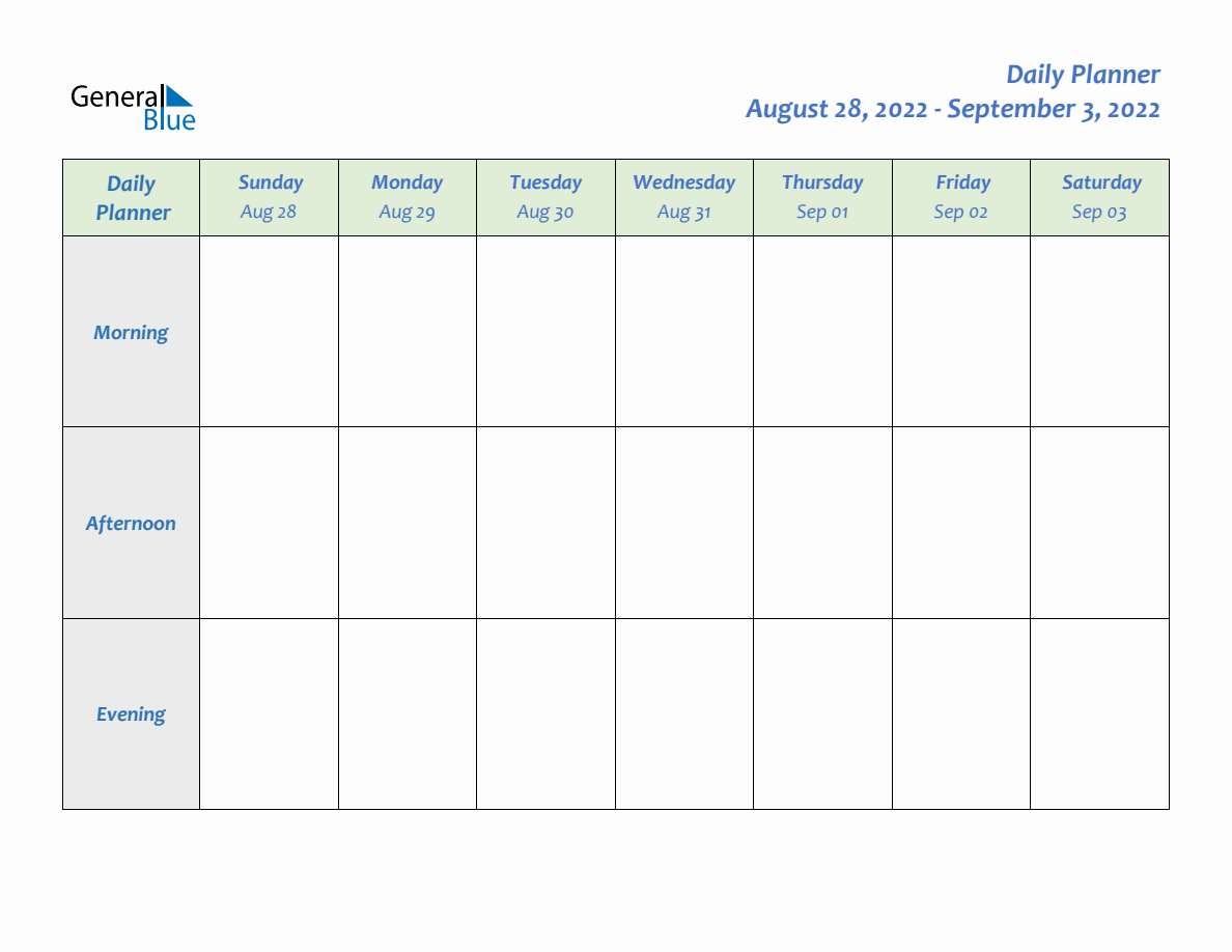 Weekly Daily Planner: August 28, 2022 - September 3, 2022