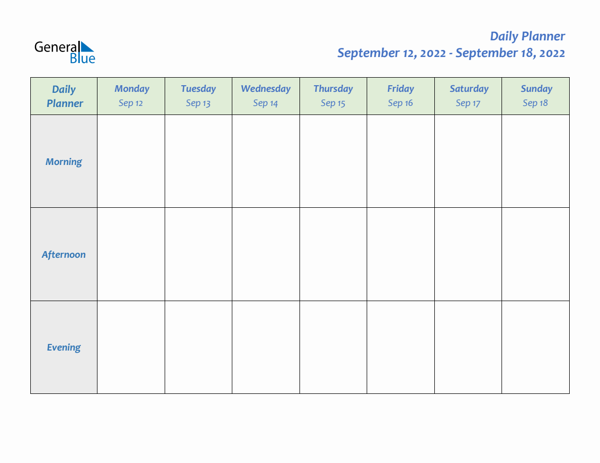 Weekly Daily Planner: September 12, 2022 - September 18, 2022