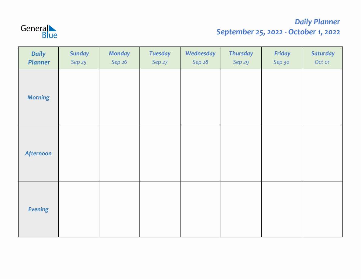 Weekly Daily Planner: September 25, 2022 - October 1, 2022