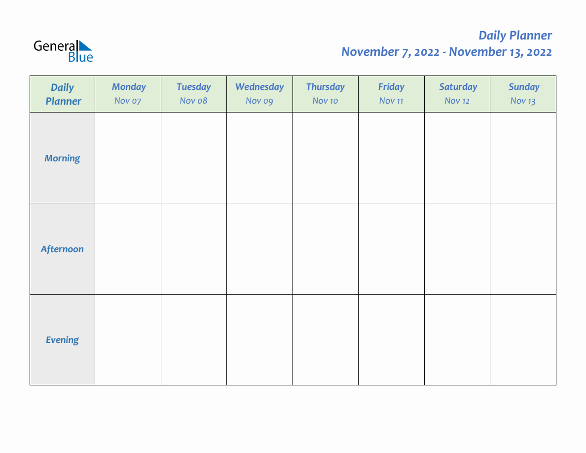 Weekly Daily Planner: November 7, 2022 - November 13, 2022