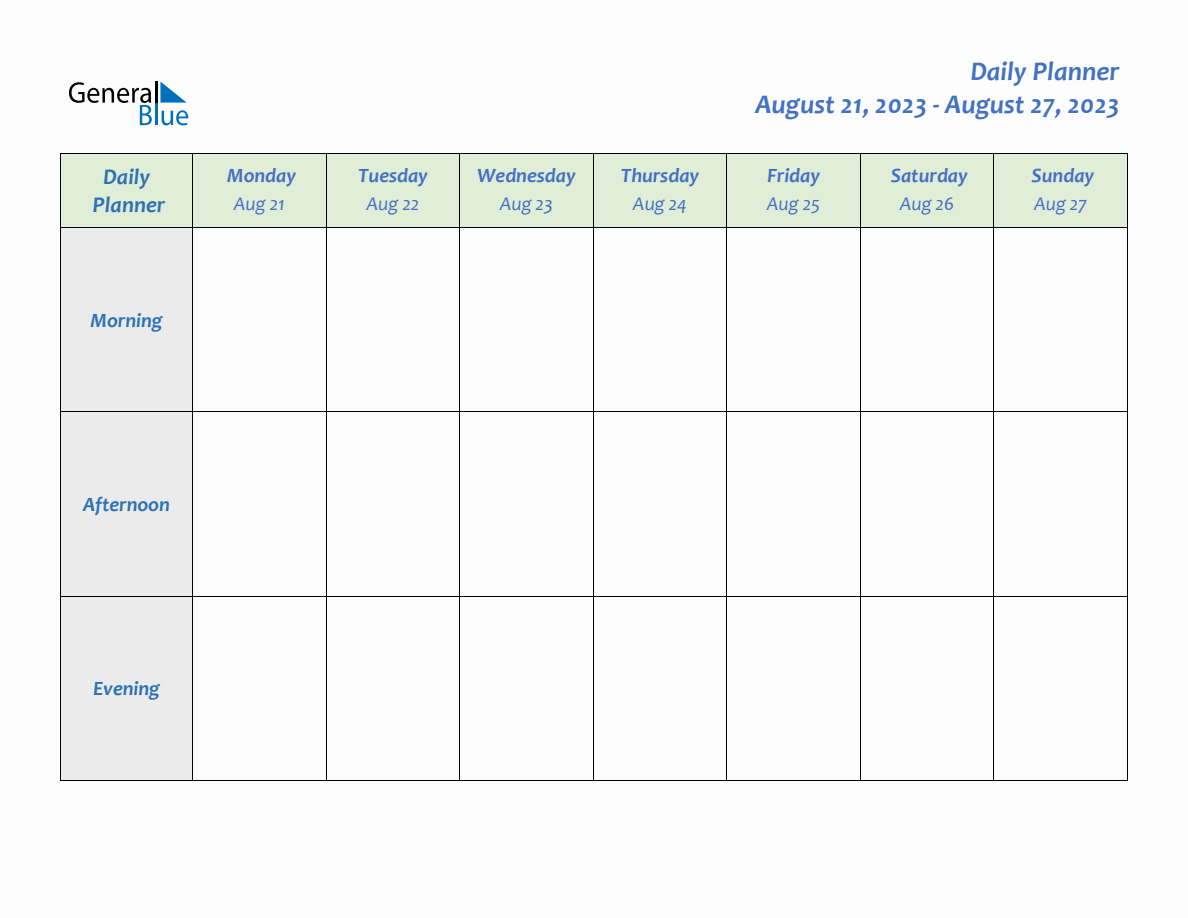 Weekly Daily Planner: August 21, 2023 - August 27, 2023