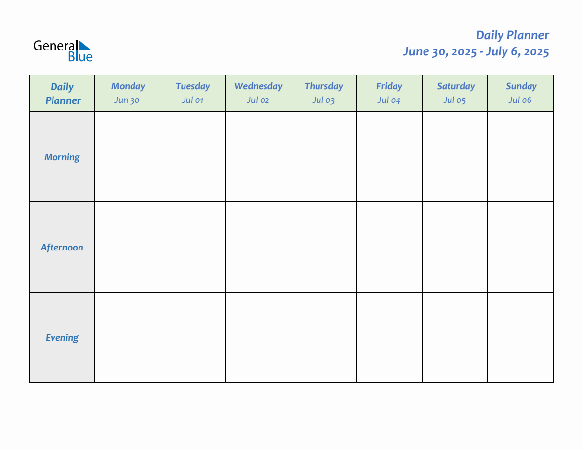 Weekly Daily Planner: June 30, 2025 - July 6, 2025