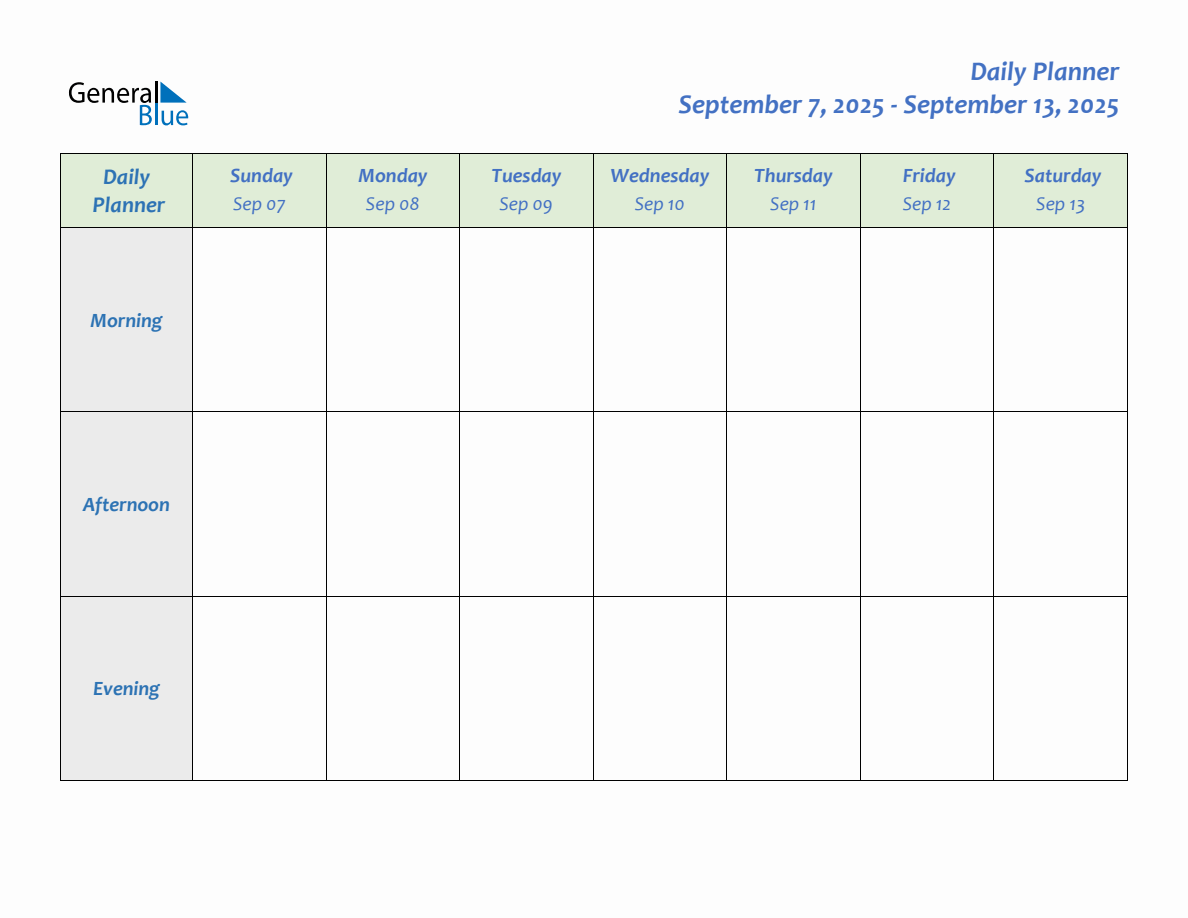 Weekly Daily Planner: September 7, 2025 - September 13, 2025