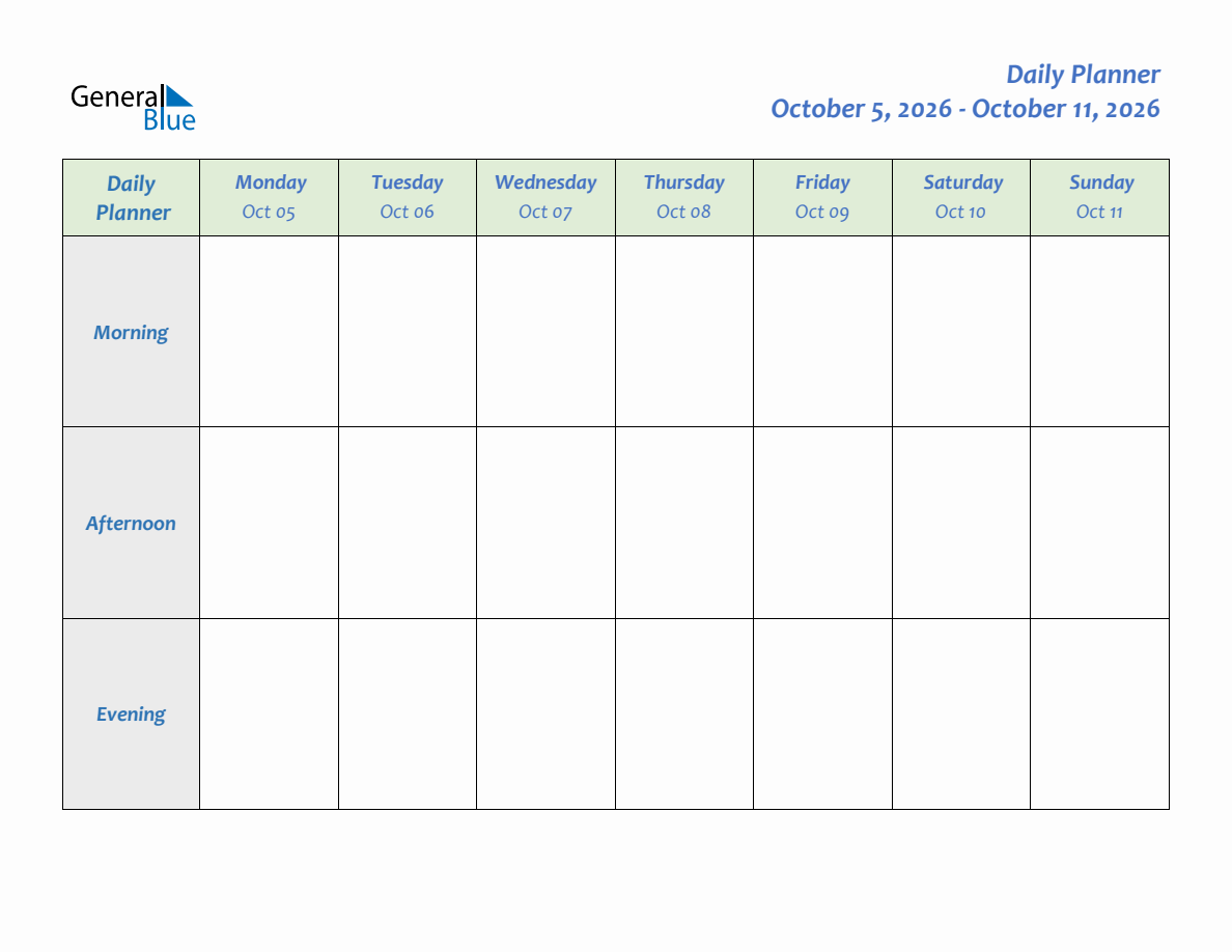 Weekly Daily Planner: October 5, 2026 - October 11, 2026