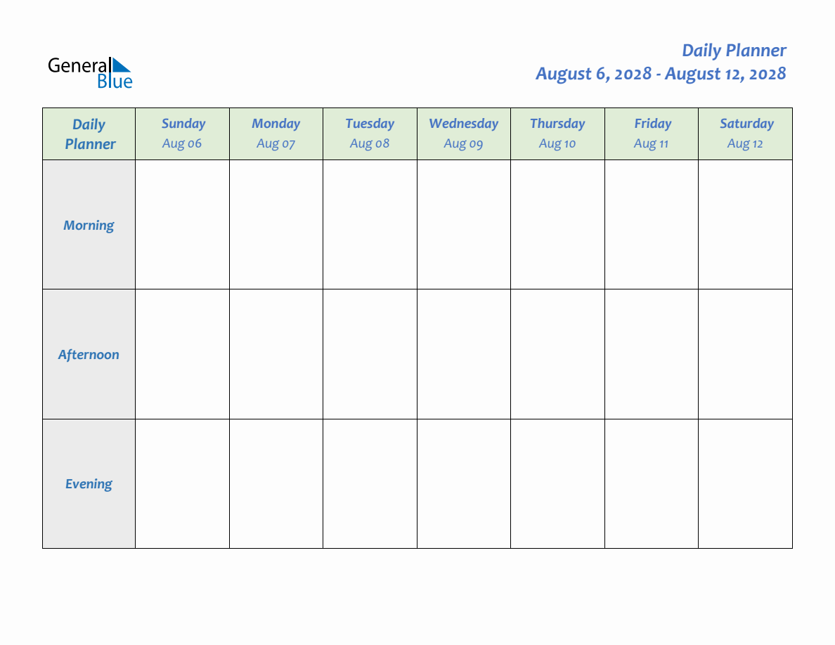 Weekly Daily Planner: August 6, 2028 - August 12, 2028