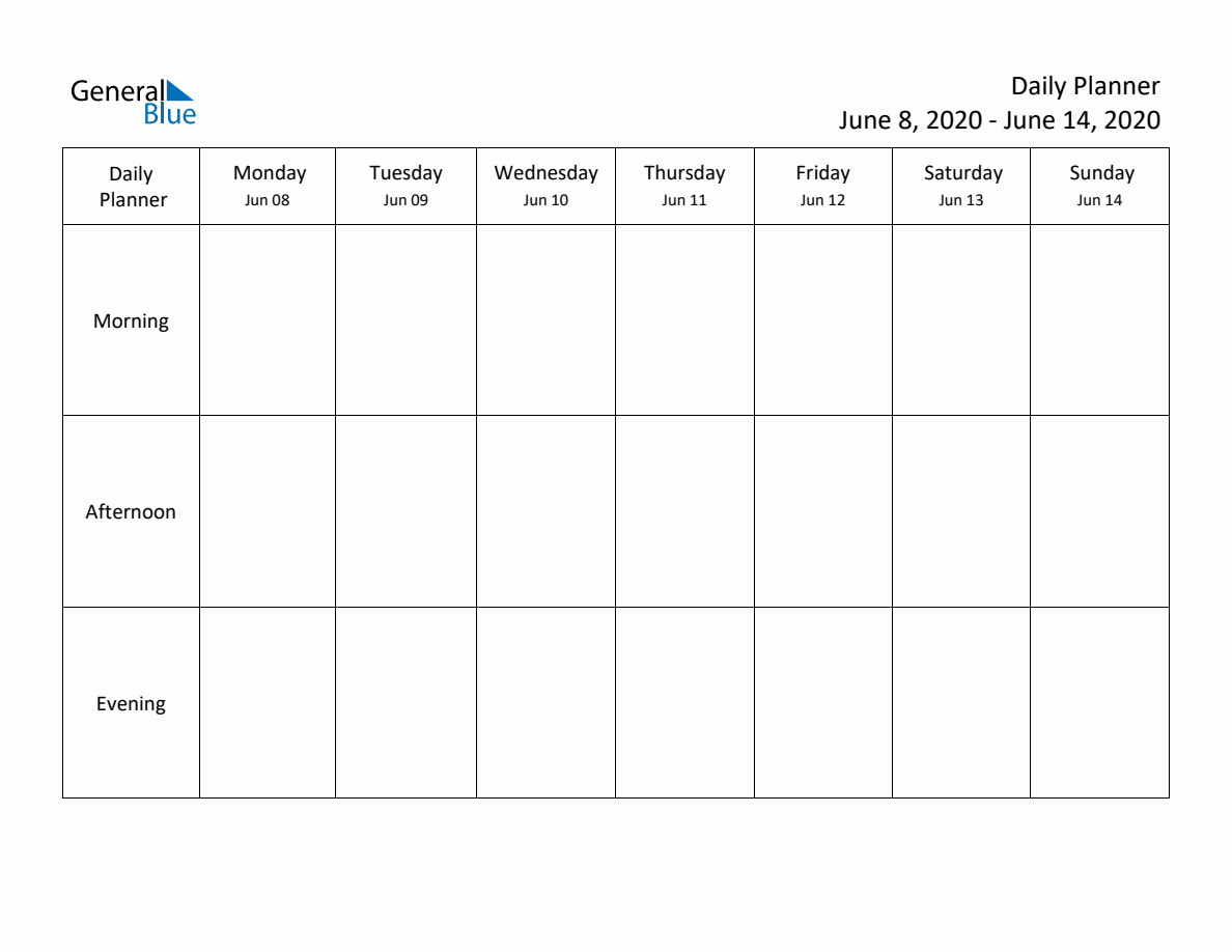 Morning, Afternoon & Evening Daily Schedule Planner (Week of June 8, 2020)