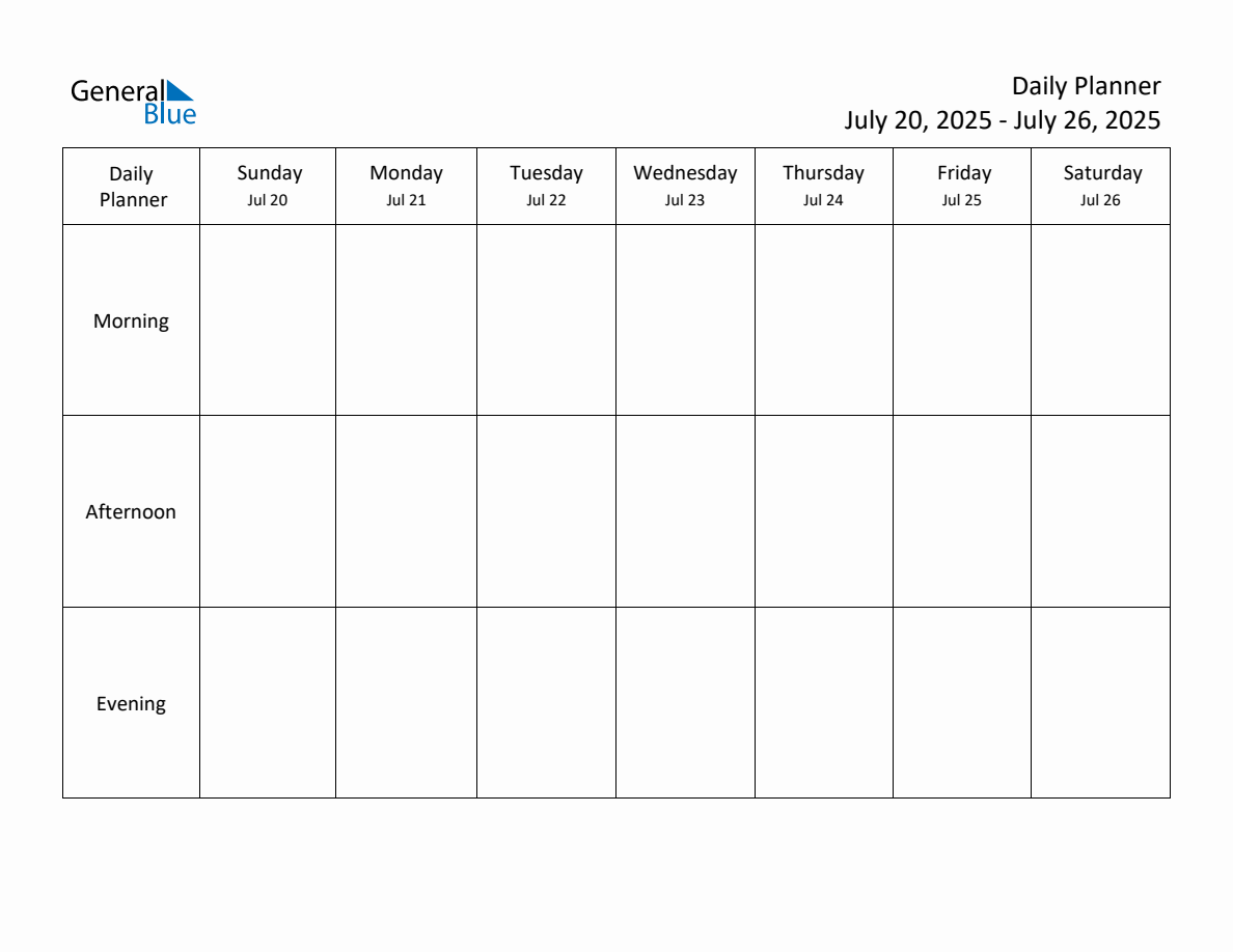 Morning, Afternoon & Evening Daily Schedule Planner (Week of July 20, 2025)