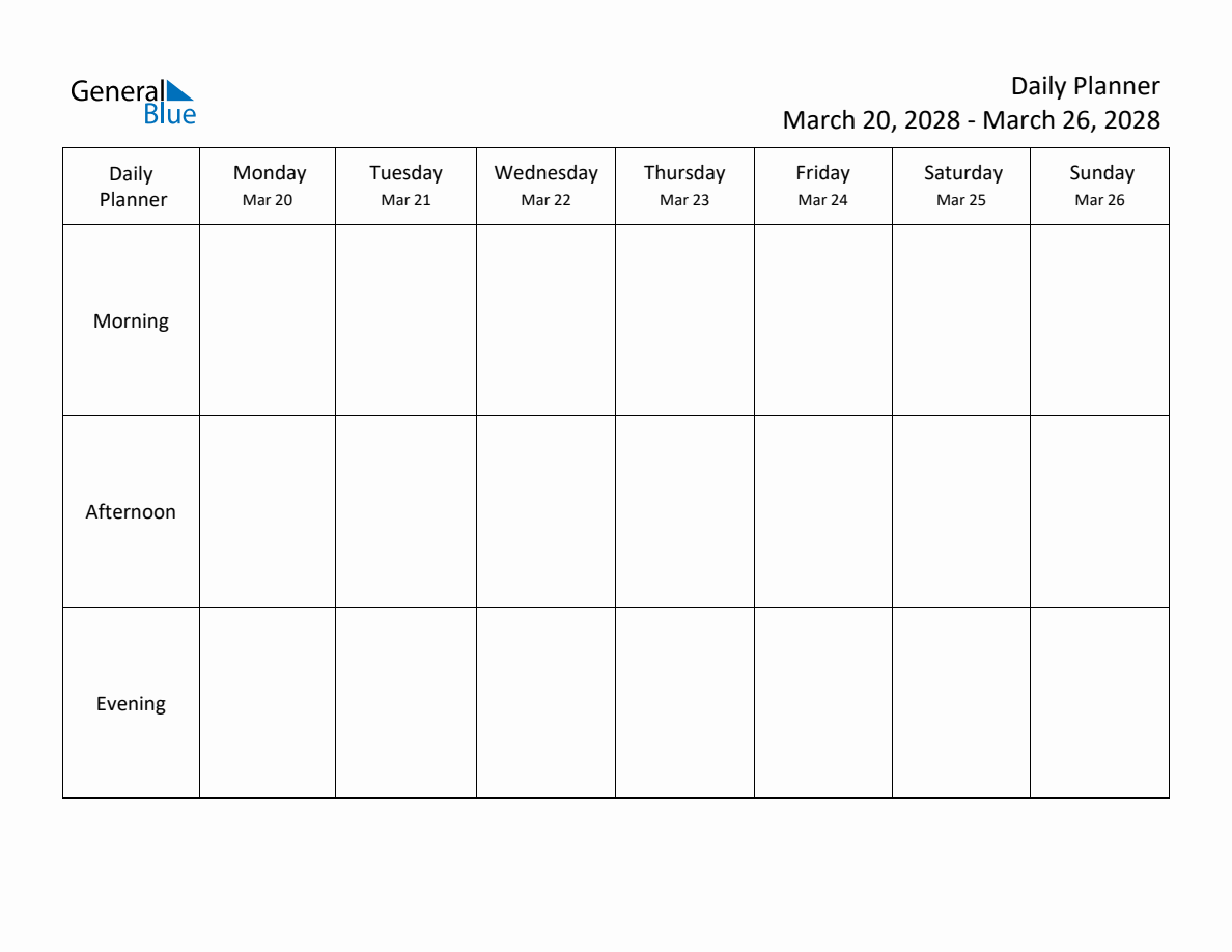Morning, Afternoon & Evening Daily Schedule Planner (Week of March 20 ...