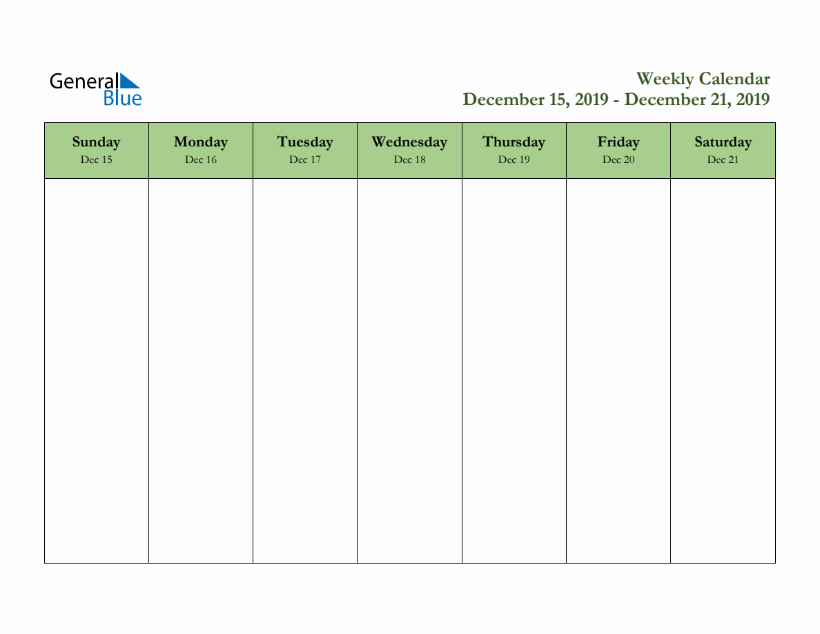 Weekly Planner Template: December 15 - December 21, 2019