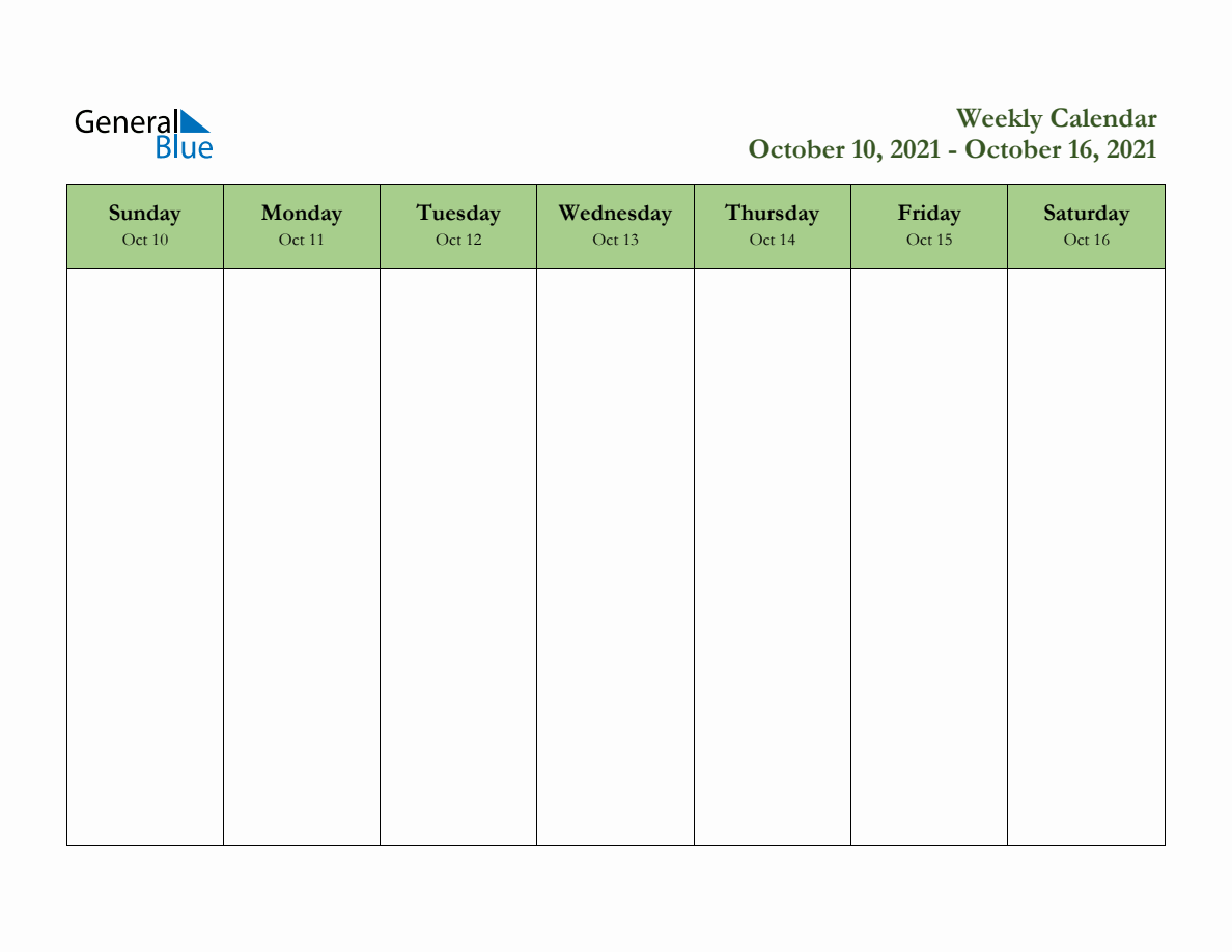 Weekly Planner Template: October 10 - October 16, 2021