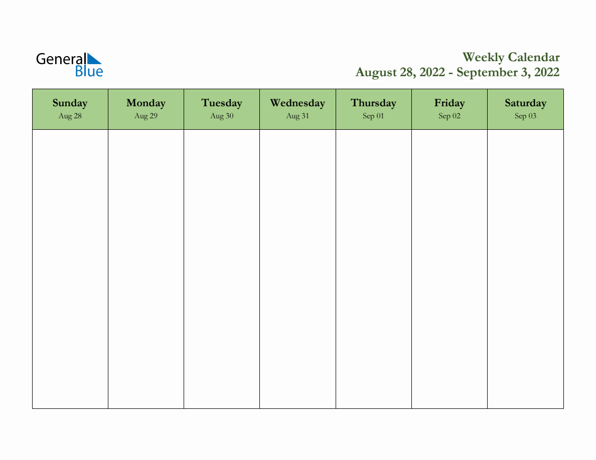 Weekly Planner Template: August 28 - September 3, 2022