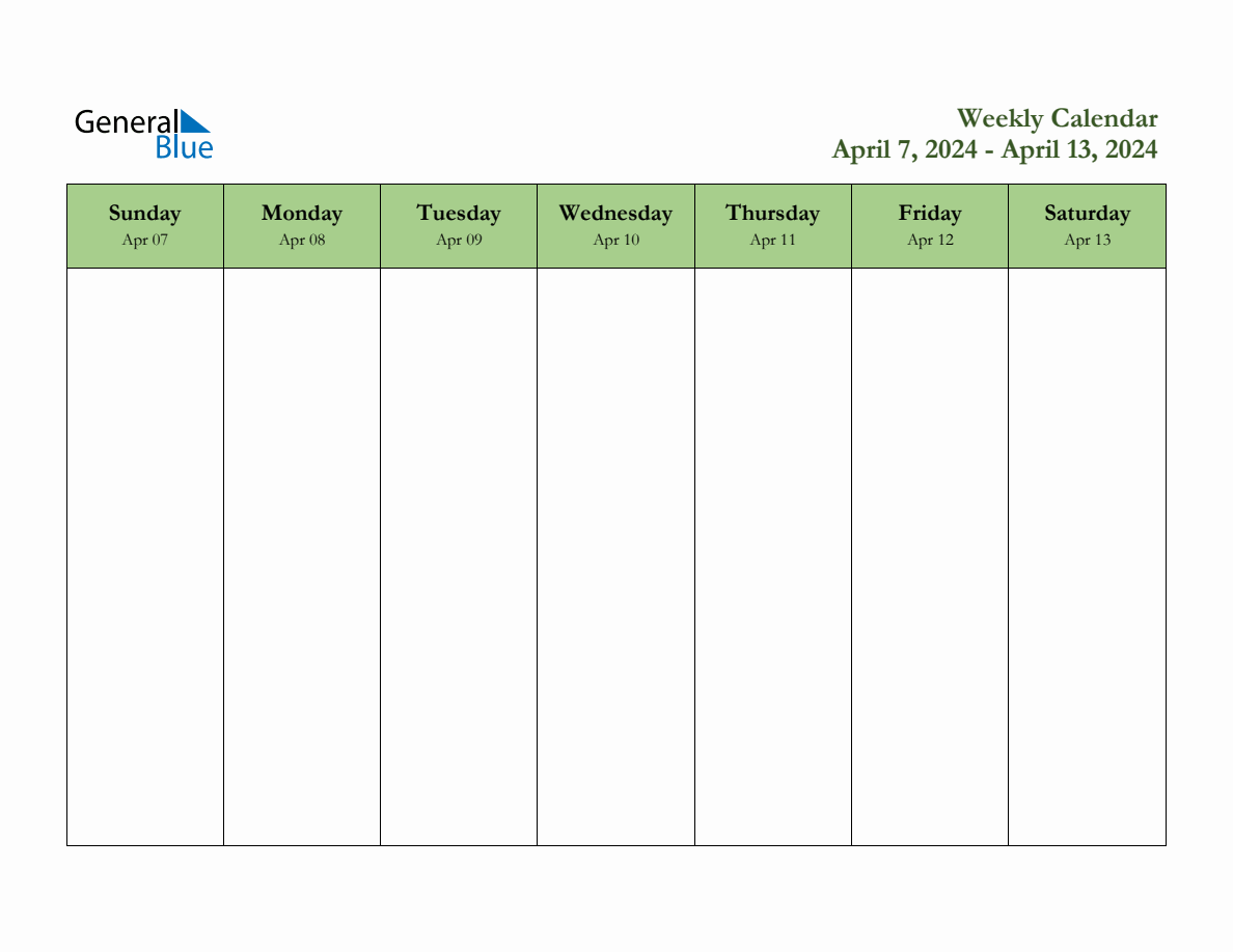 Weekly Planner Template: April 7 - April 13, 2024