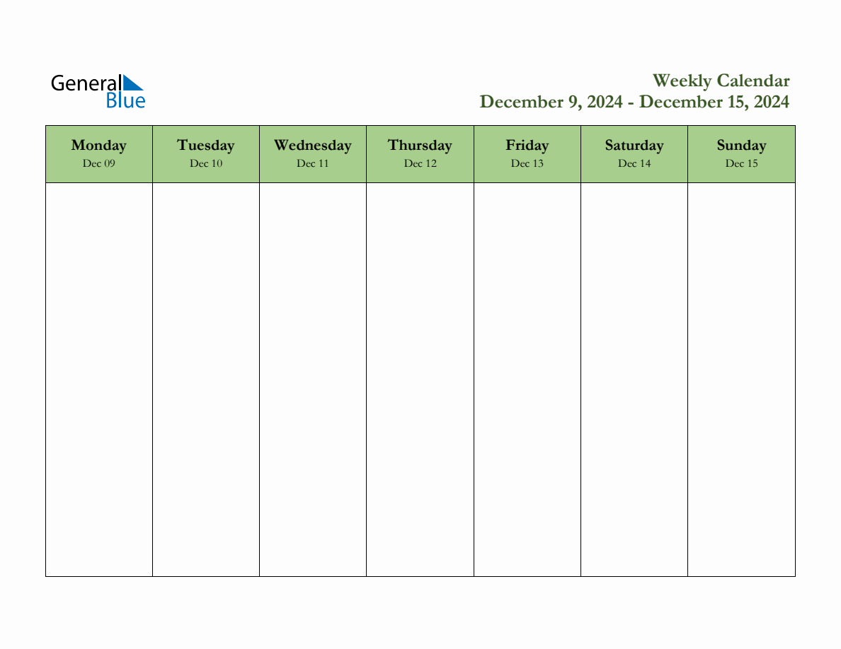 Weekly Planner Template: December 9 - December 15, 2024