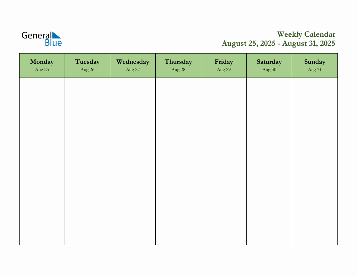Weekly Planner Template: August 25 - August 31, 2025