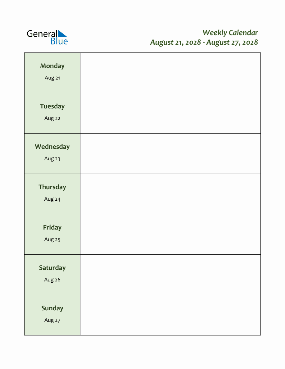 Weekly Customizable Planner - August 21 to August 27, 2028