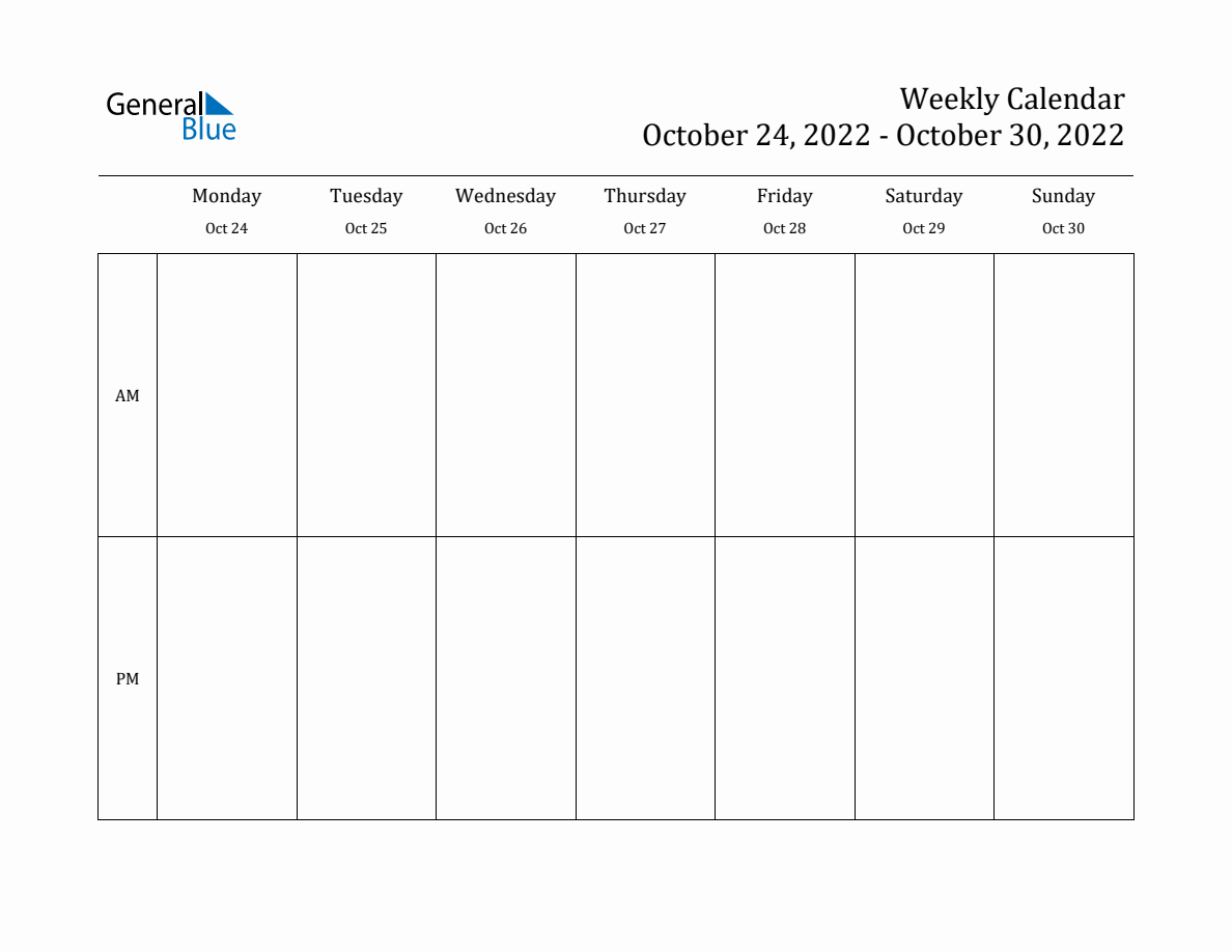 Printable Weekly AM-PM Calendar Template - Week 43 of 2022 (Oct 24 to ...