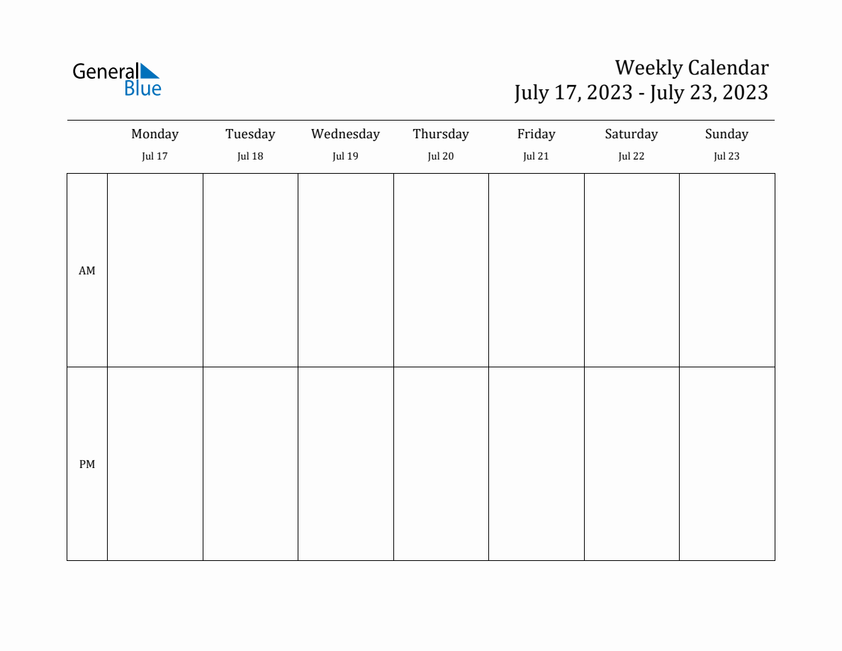 Printable Weekly AM-PM Calendar Template - Week 29 of 2023 (Jul 17 to ...