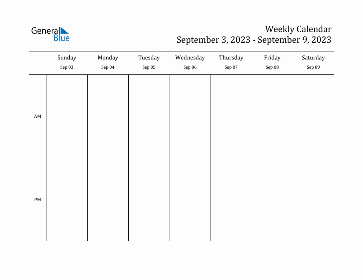 Printable Weekly AM-PM Calendar Template - Week 36 of 2023 (Sep 3 to Sep 9)