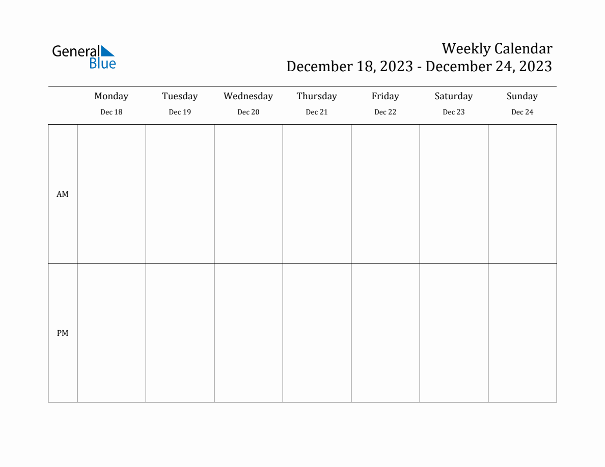 Printable Weekly AM-PM Calendar Template - Week 51 of 2023 (Dec 18 to ...