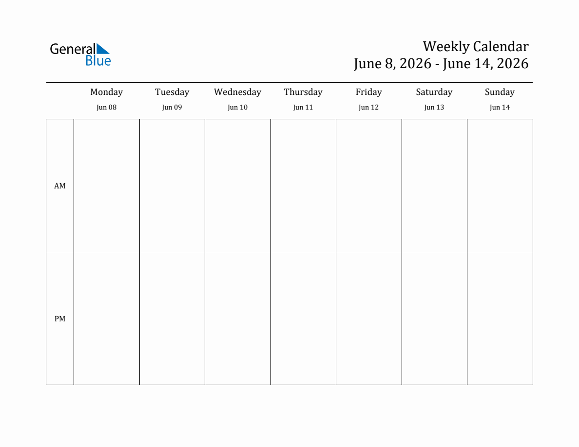 Printable Weekly AM-PM Calendar Template - Week 24 of 2026 (Jun 8 to ...
