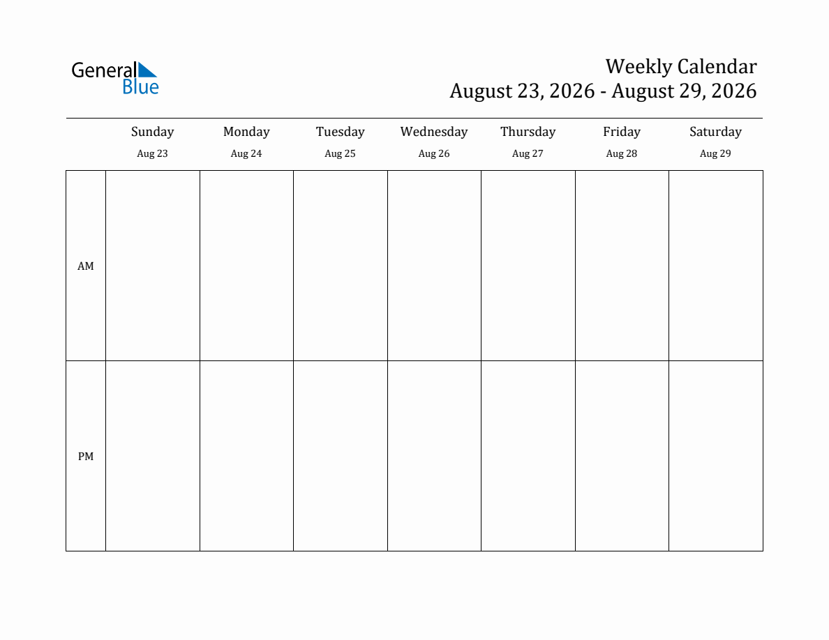 Printable Weekly AM-PM Calendar Template - Week 35 of 2026 (Aug 23 to ...