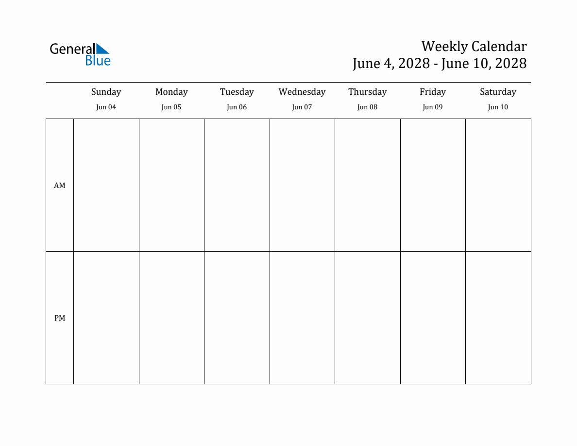 Printable Weekly AM-PM Calendar Template - Week 24 of 2028 (Jun 4 to ...
