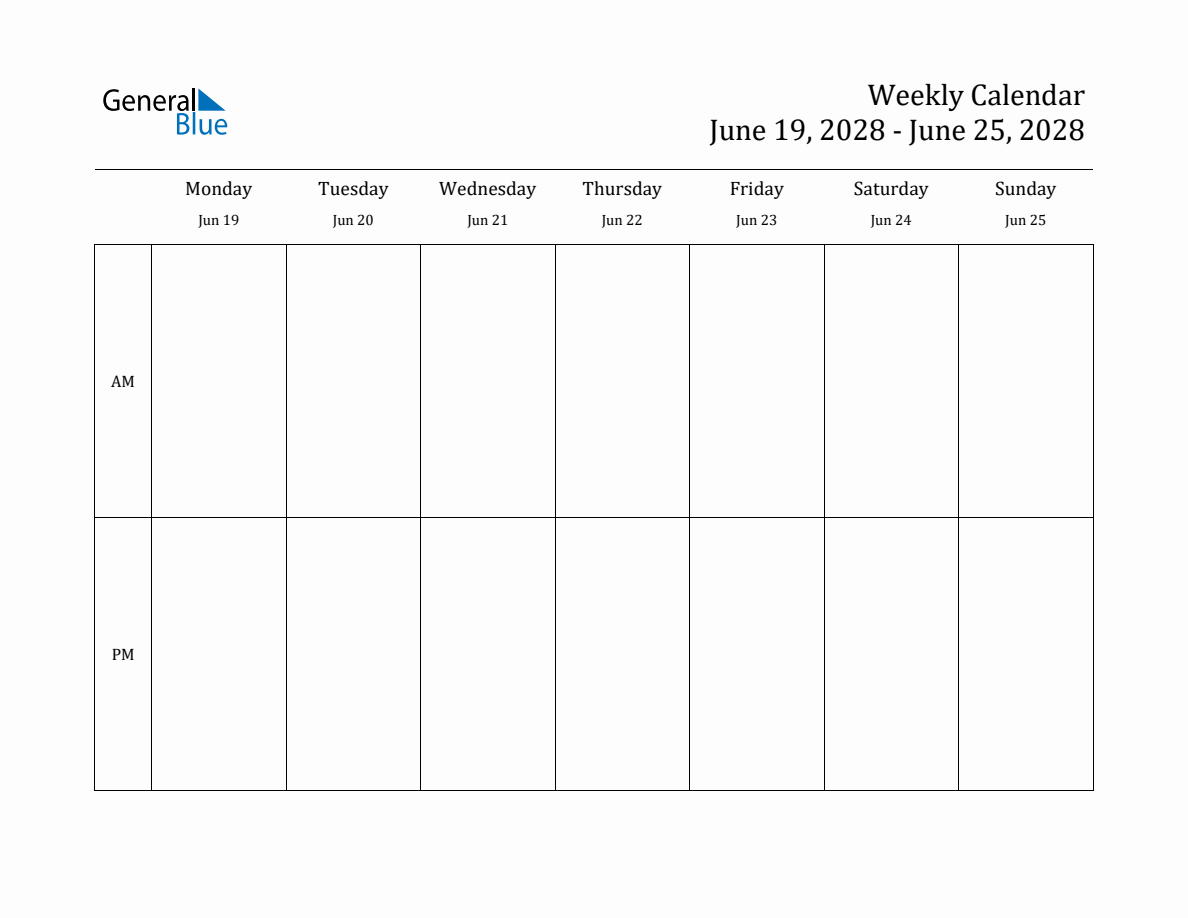 Printable Weekly AM-PM Calendar Template - Week 25 of 2028 (Jun 19 to ...