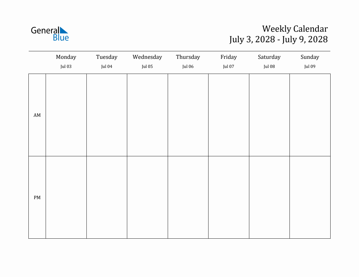 Printable Weekly AM-PM Calendar Template - Week 27 of 2028 (Jul 3 to Jul 9)