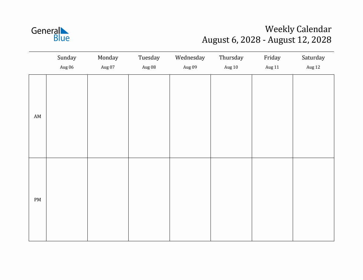 Printable Weekly AM-PM Calendar Template - Week 33 of 2028