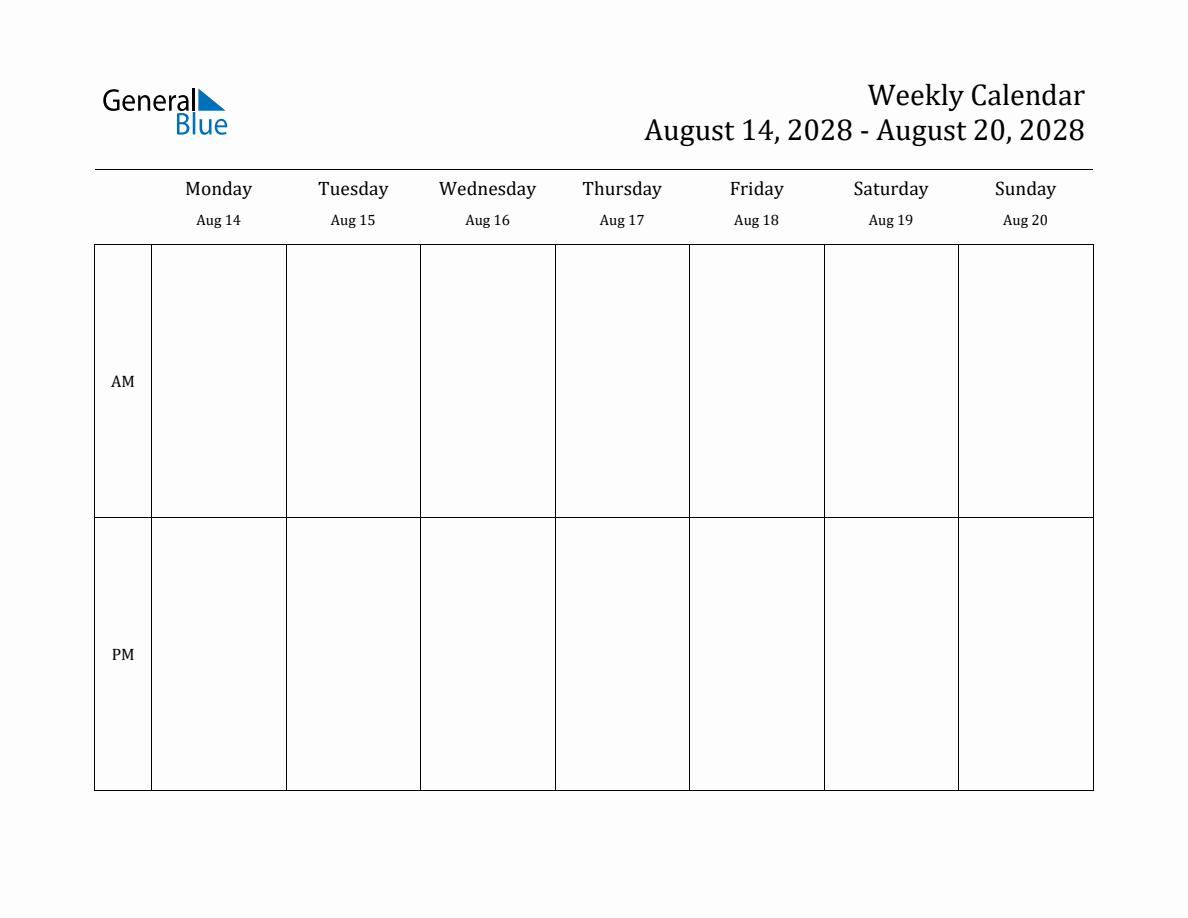 Printable Weekly AM-PM Calendar Template - Week 33 of 2028