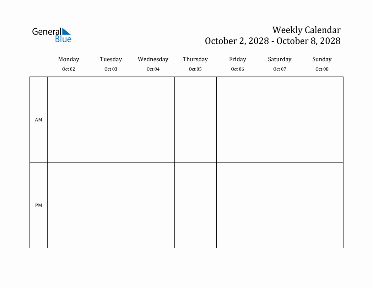 Printable Weekly AM-PM Calendar Template - Week 40 of 2028 (Oct 2 to Oct 8)