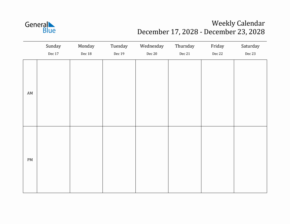 Printable Weekly AM-PM Calendar Template - Week 52 of 2028 (Dec 17 to ...