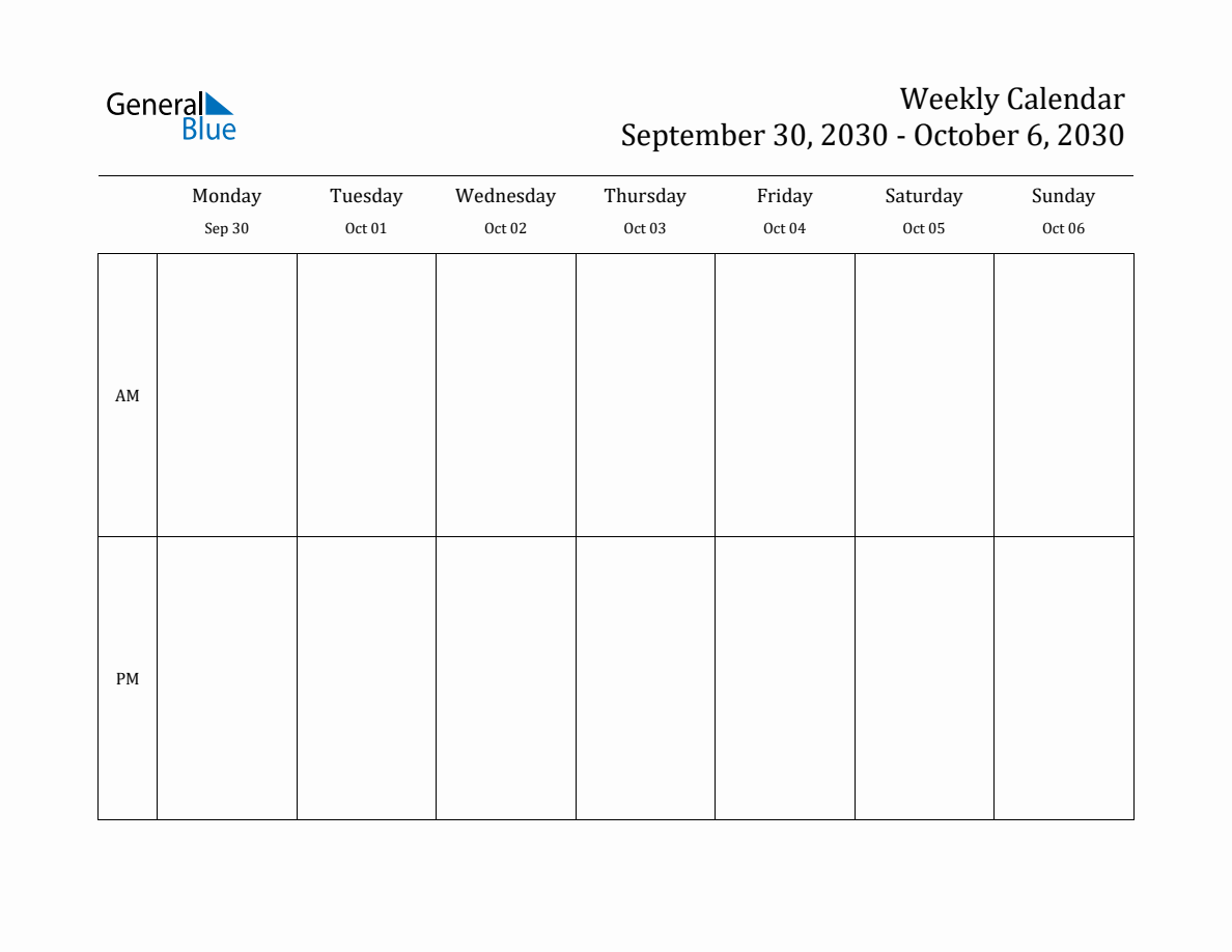 Printable Weekly AM-PM Calendar Template - Week 40 of 2030
