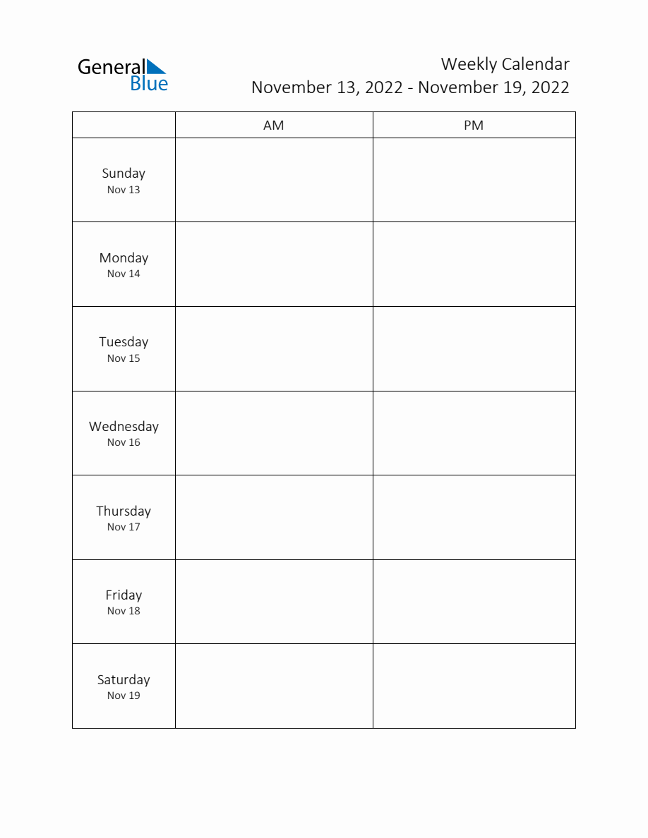 Printable Weekly AM-PM Schedule Template - Week 47 of 2022 (Nov 13 to ...