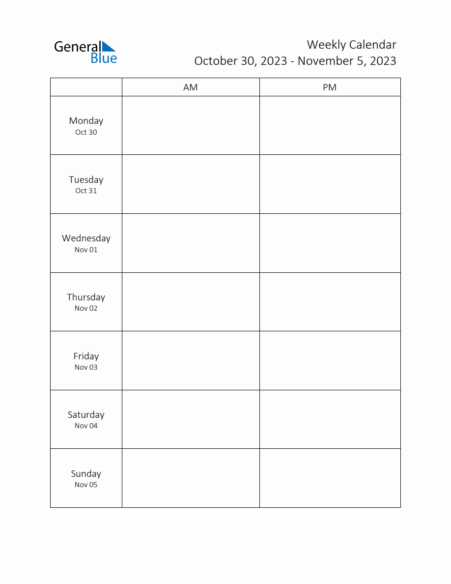 Printable Weekly AM-PM Schedule Template - Week 44 of 2023 (Oct 30 to ...