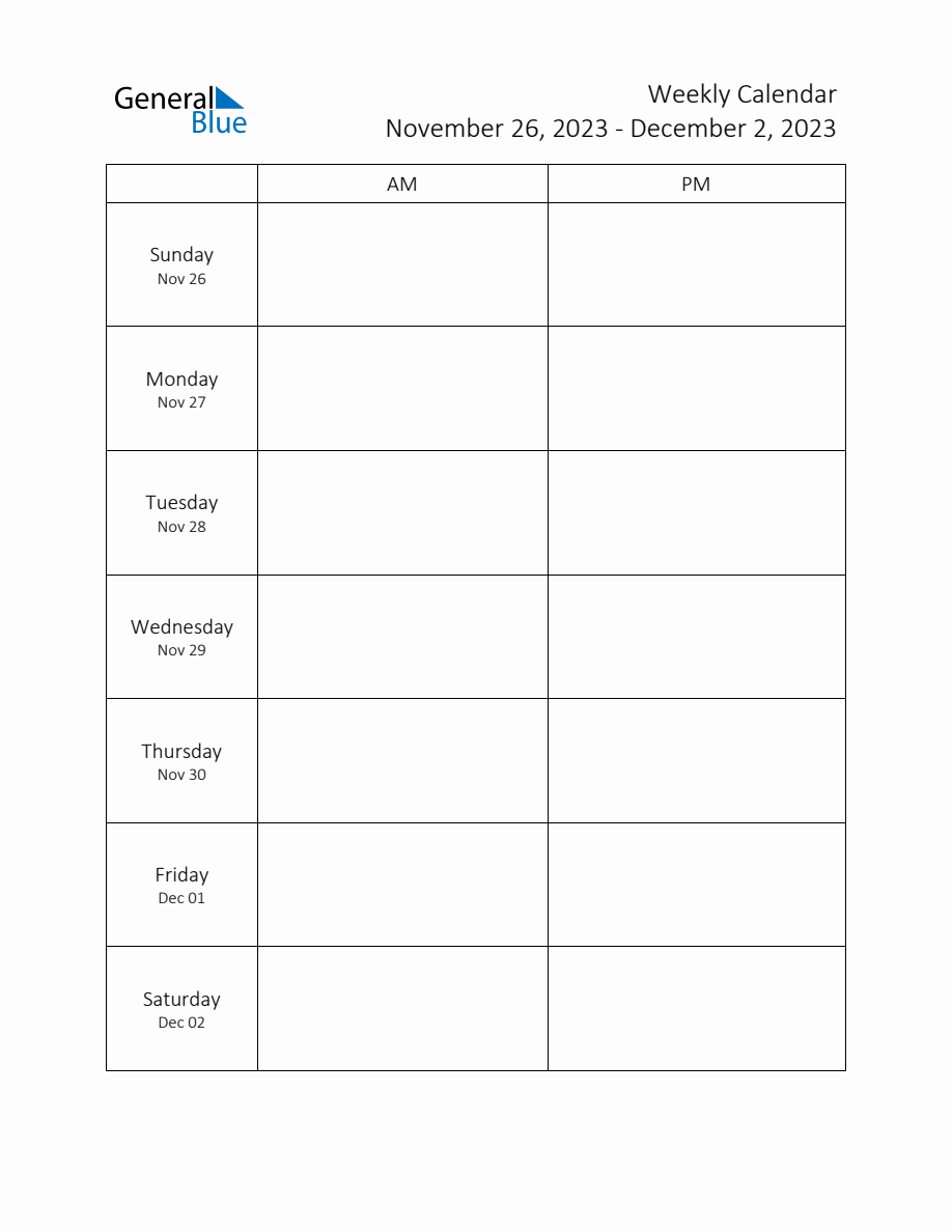 Printable Weekly AM-PM Schedule Template - Week 48 of 2023 (Nov 26 to ...