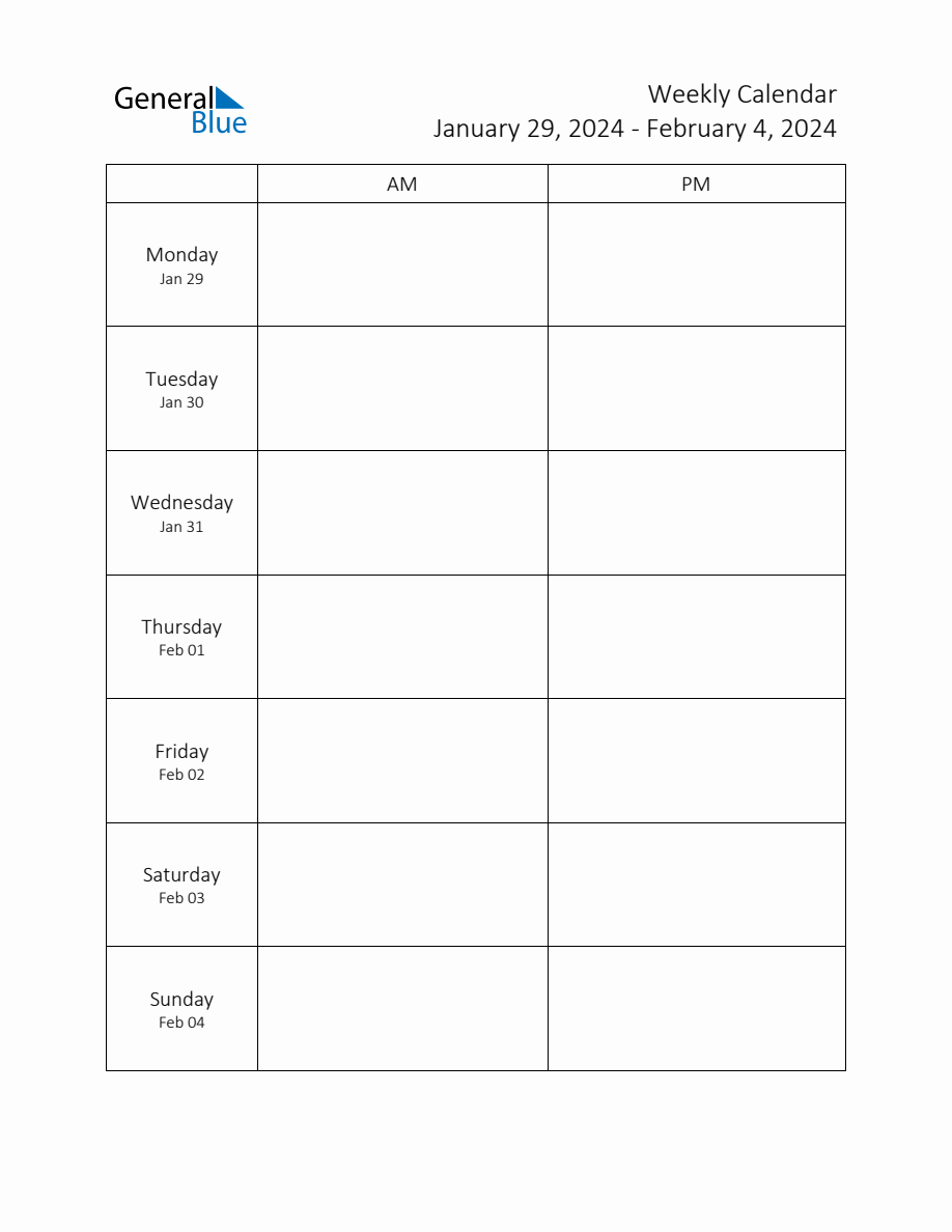 Weekly Schedule Template with AM and PM - Week of January 29, 2024
