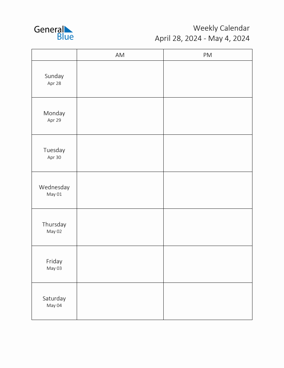 Printable Weekly AM-PM Schedule Template - Week 18 of 2024 (Apr 28 to ...