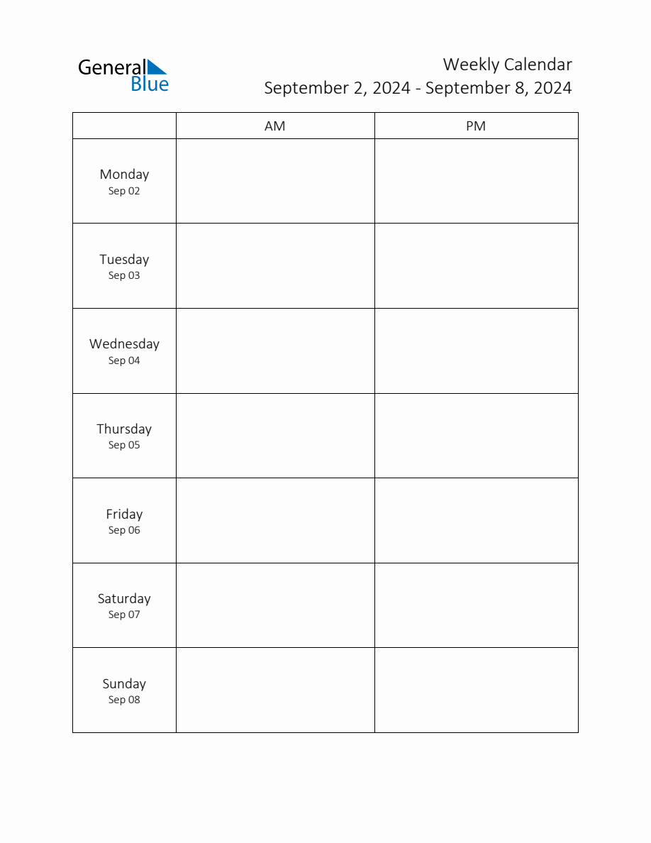 Printable Weekly AM-PM Schedule Template - Week 36 of 2024 (Sep 2 to Sep 8)