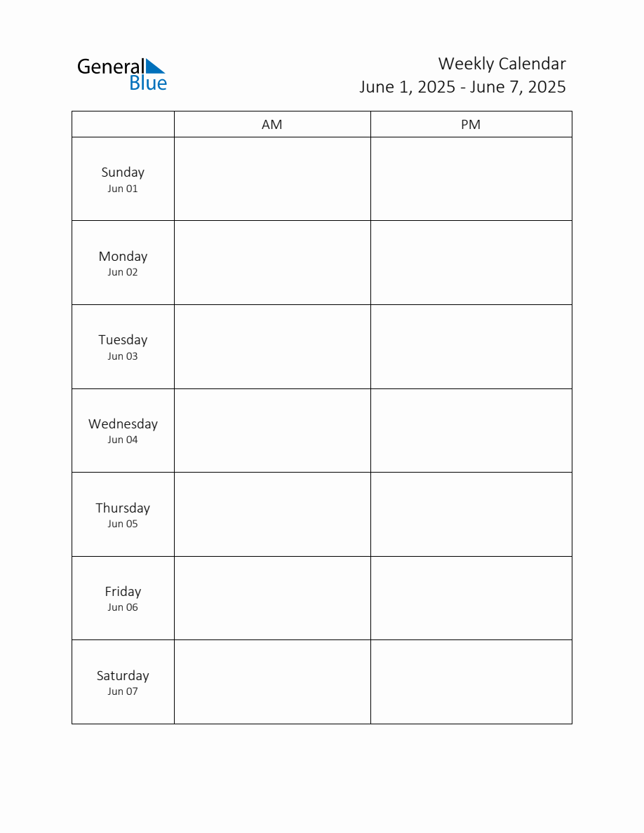 Printable Weekly AM-PM Schedule Template - Week 23 of 2025 (Jun 1 to Jun 7)
